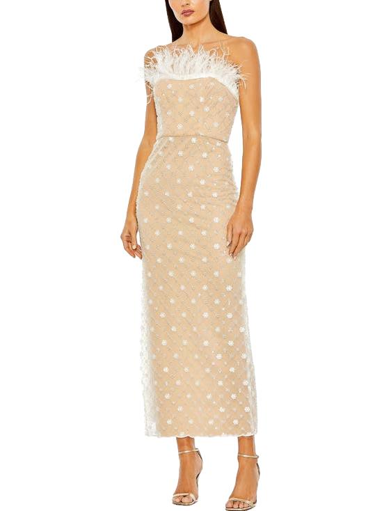 MAC DUGGAL Floral Embellished Mesh Gown with Feather Trim